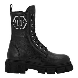 Philipp Plein Femme, Chaussures, Noir, Taille: 37 EU Embossed Leather Bottes Mid Flat