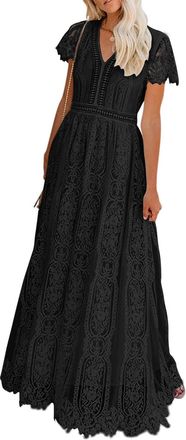 Merokeety Damen V Ausschnitt Kurzarm Floral Spitze Hochzeitskleid Brautjungfer Cocktail Party Maxikleid, schwarz, X-Gro&szlig;