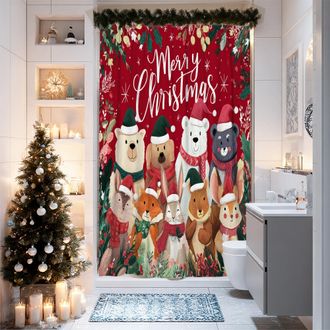 Generic Bären Stall Duschvorhang, festlich, fantasievolle Kaninchen, Fuchs, Weihnachten, waschbar, mit Haken-Design, Badvorhänge für Badezimmer, Badewanne, Wo