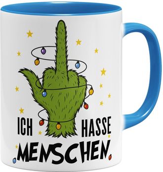 OM3 lustige Anti Weihnachten Kaffee-Tasse mit Spruch - Ich hasse Menschen - Keramik Becher - 325ml - Beidseitig Bedruckt - Hellblau