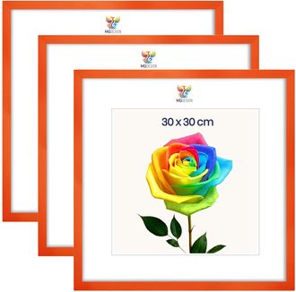 MG Design 3er Set Bilderrahmen 30 x 30 cm - Posterrahmen mit Orange Echtholzrahmen und bruchsicherem Acrylglas, Hoch & Quer mit stabiler Wandaufh&auml;ngung