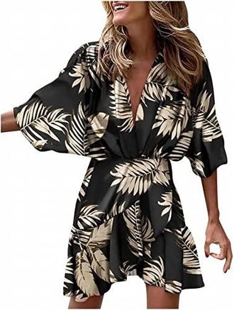 Generic 2026 Robes amincissantes pour femmes Floral irr&eacute;gulier ourlet robe &eacute;l&eacute;gante mince manches chauve-souris fleur en mousseline, Noir, XXL