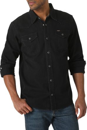 Wrangler Iconic Jeanshemd mit Druckknöpfen für Herren, reguläre Passform, Schwarz Denim, Mittel