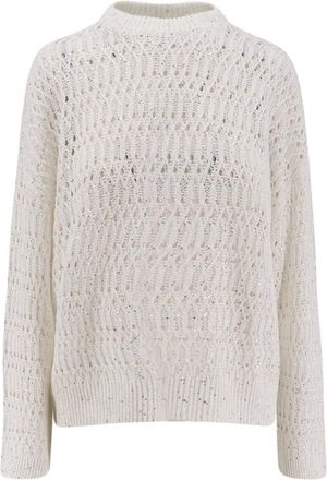Brunello Cucinelli Femme, Pulls, Blanc, Taille: 38 FR Pull en maille &agrave; sequins ras du cou