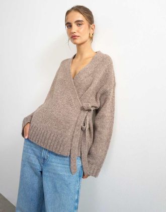 Topshop gilet cache-coeur en maille coupe carr&eacute;e avec laine couleur avoine-Neutre