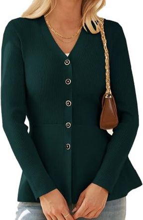 Grace Karin Cardigans pour femme &eacute;l&eacute;gants &agrave; col V, manches longues, boutonn&eacute;s, coupe ajust&eacute;e, pour automne et hiver, vert fonc&eacute;, L