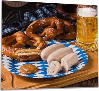Wallario Herdabdeckplatte/Spritzschutz aus Glas, 1-teilig, 60x52cm mit 8mm hohen Füßen, für Ceran- und Induktionsherde, Bayerische Brotzeit mit Weißwurst, Brez