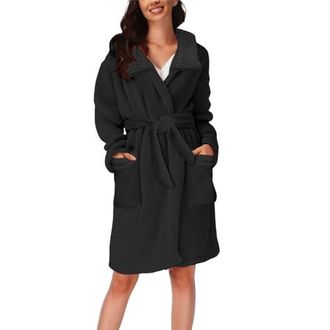 Generic Pyjama pour femme, automne/hiver, peignoir thermique en peluche pour la maison, peignoir de bain long pour femme, Noir, XXL