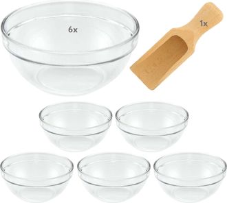 Viva Haushaltswaren 12710 6 x Mini-Schüssel aus Glas (Ø 6cm), als Glasschälchen sowie als Dipschale, Dessertschale, Tapasschale geeignet (inkl. kleiner Holzschaufel 7,5cm