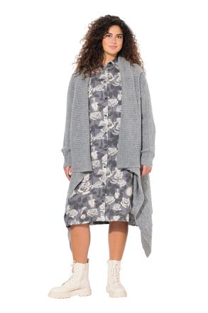 Ulla Popken Damen große Größen Übergrößen Plus Size Strickjacke, Zipfelsaum, A-Linie, offene Form, Langarm hellgrau mélange 50-56 837751134-2+