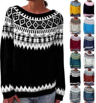 Generic Pull tricot&eacute; r&eacute;tro &agrave; col rond pour femme - Pull jacquard pour femme - Coton - Pull dautomne surdimensionn&eacute; &agrave; manches longues - Pull dhiver chaud et l&eacute;