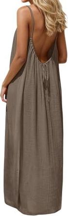 Generic Robe caraco dos nu pour femme, robe d&eacute;t&eacute; longue avec noeud dans le dos, robe d&eacute;t&eacute; ample et fluide sans manches, v&ecirc;tements de vacances &agrave; la plage, marr
