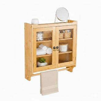 Relaxdays Armoire suspendue Relaxdays en bambou avec porte-serviettes, 2 portes, HBT : 63 x 60 x 18 cm, murale, naturelle