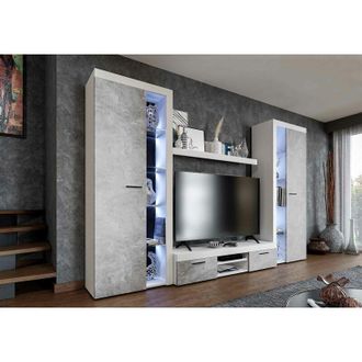 Furnix Furnix - Mediawand marcuss xl Wohnwand TV-Schrank Vitrine 4-tlg. 300 cm breit Wei&szlig;/Beton