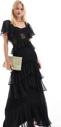 Asos Tall ASOS DESIGN Tall - Robe mi-longue à volants avec manches évasées et empiècement en dentelle - Noir