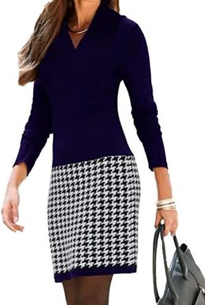 Onsoyours Femme Automne Hiver Robe col en V Robe à Manche Longue Robe Patchwork Décontractée Élégante Vintage Robe B Bleu Foncé 3XL