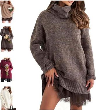 Generic Ensemble mini robe pull à col roulé 2 pièces pour femme, robe pull avec haut en tricot surdimensionné élégant avec bordure en dentelle, marron, 10X-La