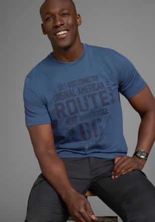 Man's World Rundhalsshirt MANS WORLD, Herren, Gr. 5XL (72/74), blau (rauchblau), Single Jersey, Obermaterial: 100% Baumwolle, bedruckt, regular fit, Rundhals, Shi
