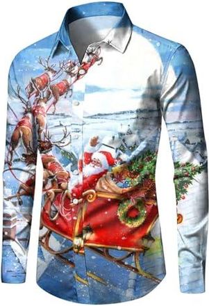 Generic Chemise de No&euml;l pour homme - Chemise de No&euml;l amusante - Coupe ajust&eacute;e - Manches longues - Chemise de No&euml;l - P&egrave;re No&euml;l - Chemise de No&euml;l amusante, bleu
