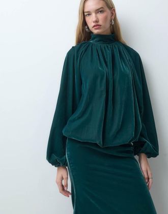 Asos robe longue en velours &agrave; col montant bleu canard-Vert