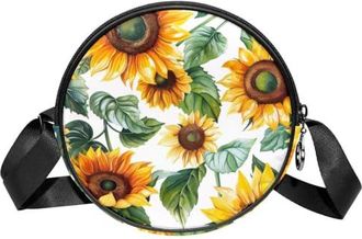 Generic Sac &agrave; bandouli&egrave;re rond pour femme, motif feuilles de tournesol, petit sac &agrave; dos &agrave; bandouli&egrave;re avec fermeture &eacute;clair, bretelles r&eacute;glables, sac &agrave; main r