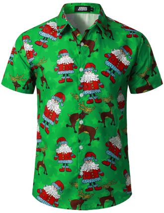 JOGAL Herren Weihnachten Hemd Funky Kurzarm Christmas Hawaiihemd Button Down Weihnachtsmann Print Freizeithemd XXX-Large Grün Weihnachtshirsch