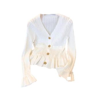 Generic Cardigan tricot&eacute; pr&eacute;coce pour femme - Motif trompette et feuille de lotus, blanc, Taille XS