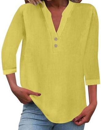 Generic T-shirt décontracté à manches courtes et col en V pour femme, jaune, M