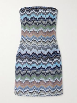 Missoni Schulterfreies Minikleid Aus Gestreiftem Häkelstrick - Blau