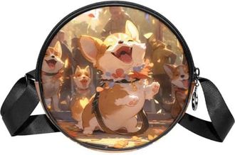Generic Petit sac &agrave; bandouli&egrave;re Circle pour femme, petit sac &agrave; bandouli&egrave;re Corgi avec fermeture &eacute;clair, bretelles r&eacute;glables, sac &agrave; main rond d&eacute;contract&eacute; pour 