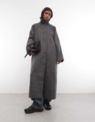 Collusion manteau long &agrave; manches raglan &agrave; rayure fine gris