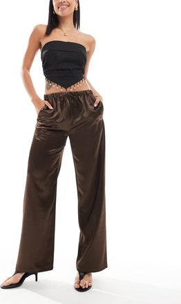 4th & Reckless Pantalon droit en satin avec cordon de serrage à la taille - Marron