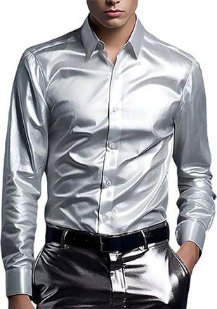 Generic Chemise brillante à manches longues pour homme en satin brillant infroissable avec col à revers, chemise habillée ajustée pour soirée discothèque, fêt