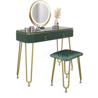 Vicco Coiffeuse Grace, Vert fonc&eacute; Haute brillance, 100 cm avec &eacute;clairage led et tabouret Vicco