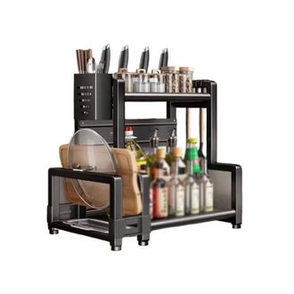 Generic Doppelschichtiges Gewürzregal, mit Schneidebrett, Topfdeckel und Messerschutz-Organizer, Aufbewahrungsregal aus Kohlenstoffstahl for die Küchenarbeits