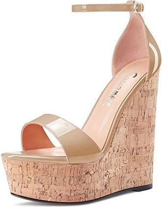 Castamere Femmes Haut High Compensé Plate-forme Talon Heel Ouvert Bout Lanières Cheville Sandales Mariage Party Dress 15 CM Heels Beige 36 EU