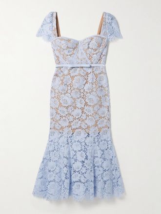 Self Portrait Robe Midi En Dentelle Cordonnet À Ceinture - Bleu