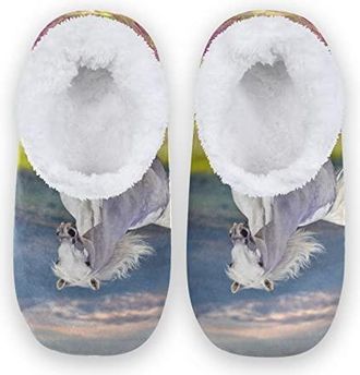 Mnsruu Pantoufles confortables antidérapantes pour femme - Motif cheval et fleurs - Blanc - Pointure 36-39