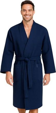 Morgenstern Robe de Chambre Homme Coton &Eacute;t&eacute; Lux Gaufr&eacute; Piqu&eacute; Peignoir de Bain Waffle L&eacute;ger Japon Kimono Bleu fonc&eacute; XL Extra Large Taille 56 58