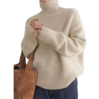 Generic Pull &agrave; col roul&eacute; pour femme, pull &eacute;l&eacute;gant en tricot d&eacute;contract&eacute; &agrave; &eacute;paules tombantes, couleur unie, pull &agrave; manches longues et col haut, beige, XL