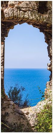 Wallario Glasbild Felsenblick aufs Meer - 50 x 125 cm Wandbilder Glas in Premium-Qualit&auml;t: Brillante Farben, freischwebende Optik