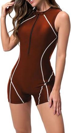 Generic Maillots De Bain Une Pieces Femme Sport, Shorty, Manches Courtes, Rashguard, Ligne contrastée, Tuba, Surf, Costume de Bain de Sport (Brown, XL)