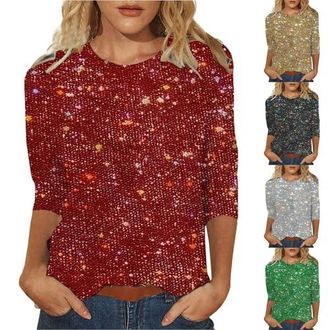 Generic Hauts rouges à paillettes pour femme - Hauts à paillettes scintillantes tendance, sweat-shirt basique à manches 3/4, tunique confortable pour soirée, 