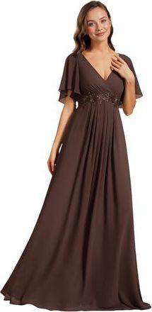 Ever-pretty Robe de Témoin de Mariage Longue Appliqué Col V Manches Courtes Chic Brun Espresso 38