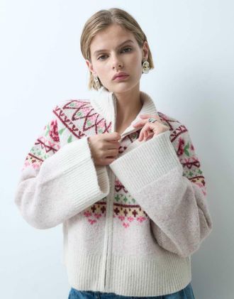 Miss Selfridge cardigan zipp&eacute; &agrave; col chemin&eacute;e &agrave; motif Fair Isle-Multi