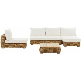Beliani Lounge Set Nat&uuml;rlich Rattan 4-Sitzer Linksseitig mit Auflagen Cremewei&szlig; Tisch und Lounger Boho Gartenausstattung Terrasse Outdoor