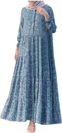 Generic Robes amincissantes &agrave; manches longues pour femmes, imprim&eacute; floral, manches longues, style musulman, bleu clair, XXL