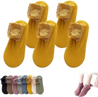 Generic Chaussettes chaudes tendance en dentelle, chaussettes dautomne et dhiver à volants antidérapantes avec bordure en dentelle solide en peluche mi-mollet