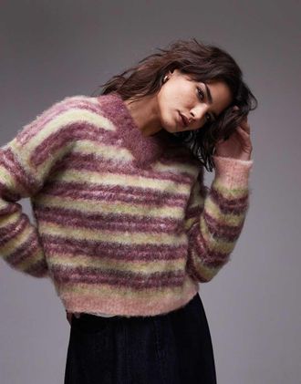 Topshop Pull ray&eacute; &agrave; col V montant en maille ultra duveteuse - Multicolore