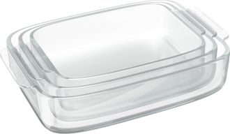 Relaxdays Auflaufform Set, Glas, 3 Größen, eckig, Ofenform für Lasagne, Gratin, Tiramisu, spülmaschinenfest, transparent